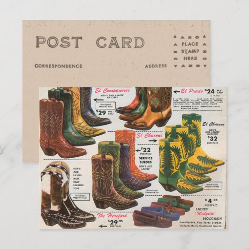 Vintage Colorful Cowboy Boots & Moccasins Postcard | Zazzle