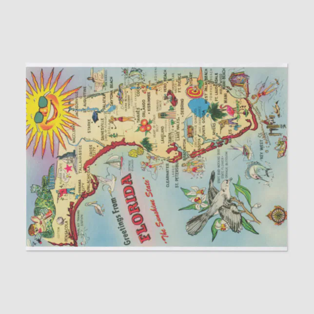 Vintage Colorful Florida Postacard Map Tissue Paper | Zazzle
