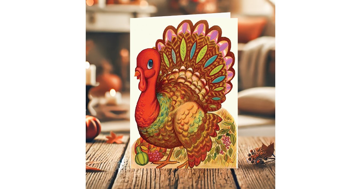 Vintage Colorful Turkey Thanksgiving Holiday Card | Zazzle