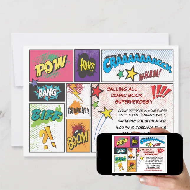 Vintage Comic Book Strip Super Hero Party Invite | Zazzle