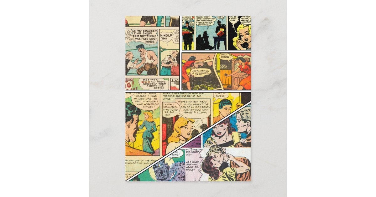 Vintage Comic Layout Boxing Journalist Romance Announcement Postcard ...