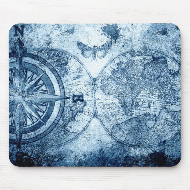 Vintage Compass | Blue Grunge Nautical Sea Chart Mouse Pad | Zazzle