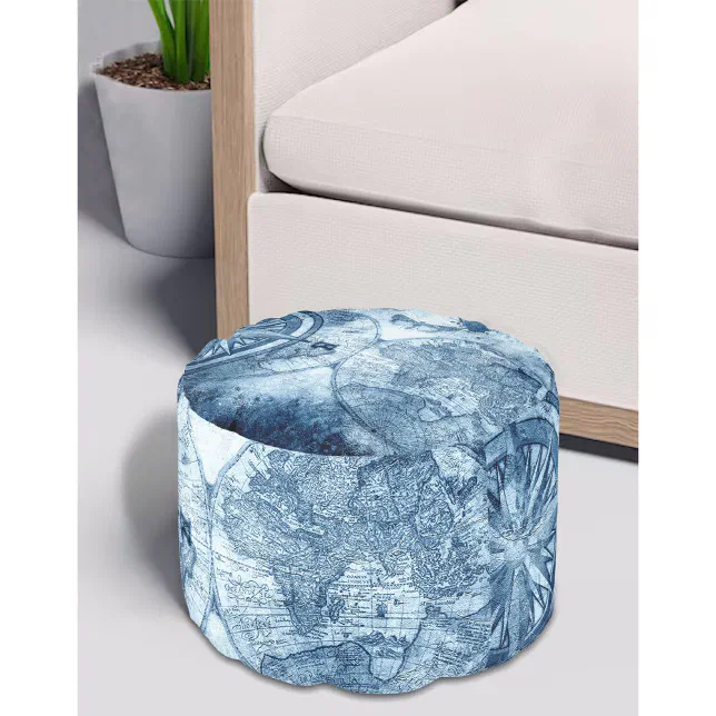 Vintage Compass | Blue Grunge Nautical Sea Chart Pouf | Zazzle
