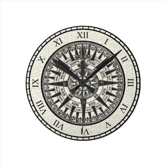 Vintage Compass Rose Sun Round Clock | Zazzle.com