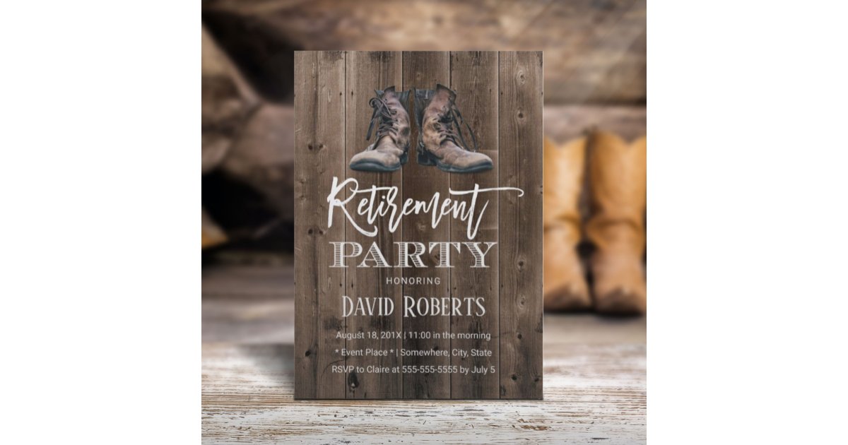 Vintage Construction Work Boots Wood Retirement Invitation | Zazzle