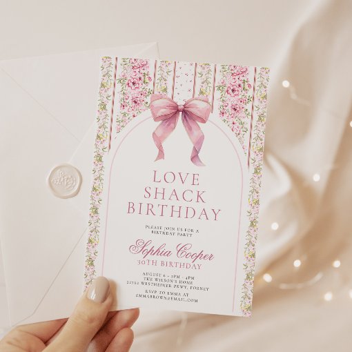 Vintage Coquette Pink Bow Love Shack Birthday Invitation | Zazzle