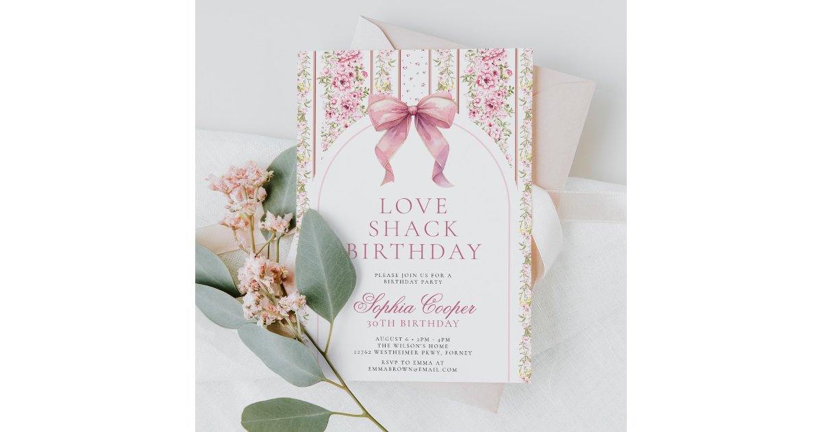 Vintage Coquette Pink Bow Love Shack Birthday Invitation | Zazzle