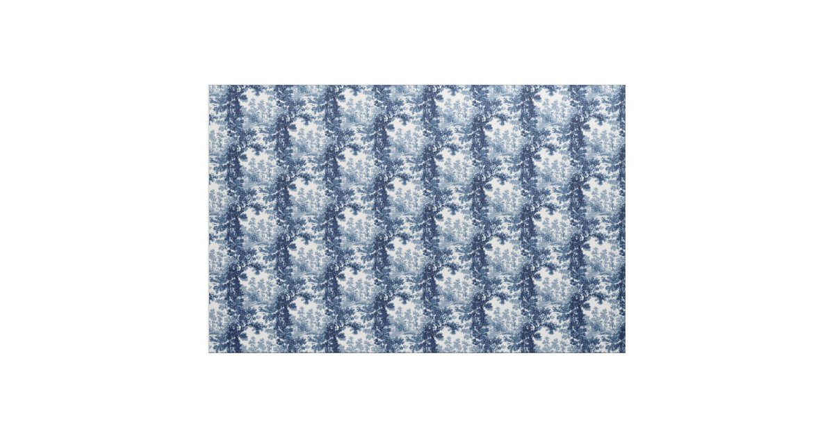 Vintage Cottage Landscape Toile-Blue & White Fabric | Zazzle