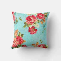 Vintage Cottage Red Rose Floral Decorative Pillow | Zazzle