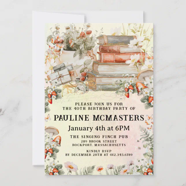 Vintage Cottagecore Book Lover 40th Birthday Invitation | Zazzle