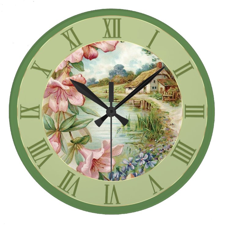 Vintage Country Cottage Scene Green Floral Large Clock | Zazzle