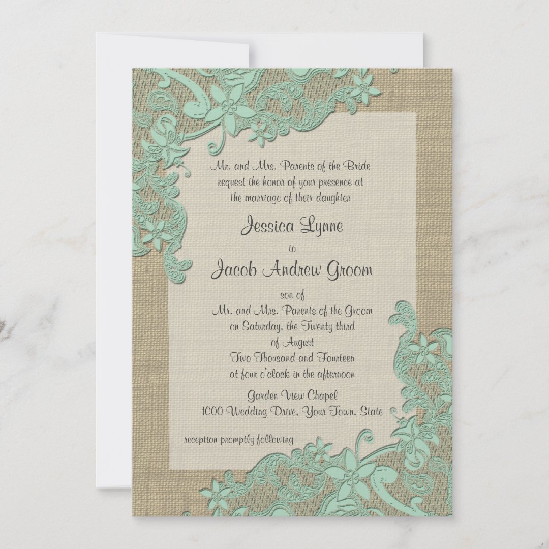 Vintage Country Lace Design Mint Green Invitation | Zazzle