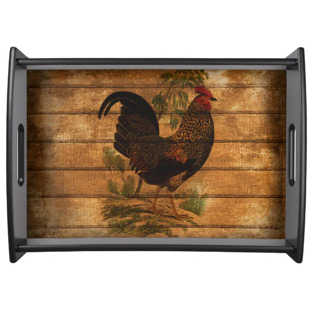 Vintage Country Rooster On Rustic Wood Pattern Serving Tray | Zazzle