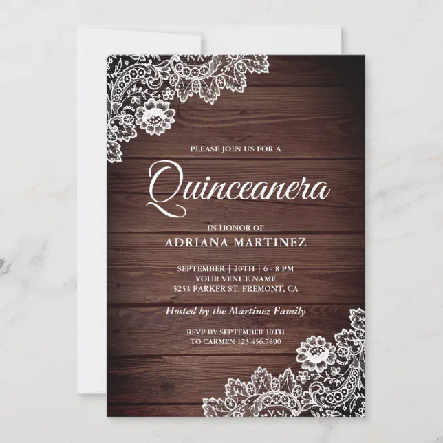Vintage Country Rustic Wood Lace Quinceanera Invitation | Zazzle