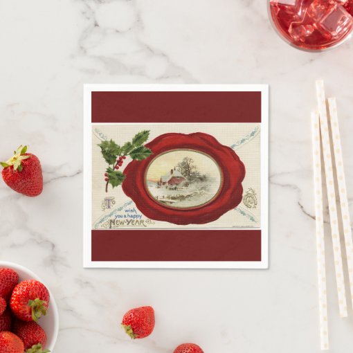 Vintage Country Winter Scene Happy New Year Paper Napkins | Zazzle