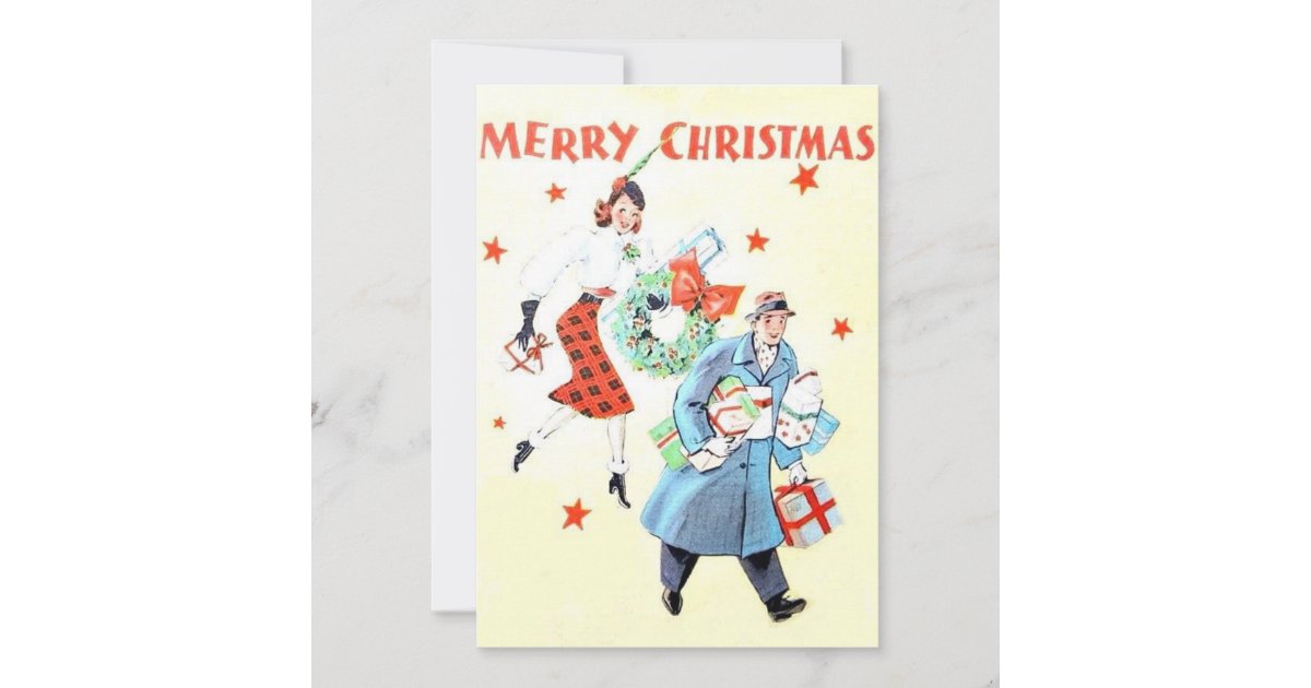 Vintage Couple Christmas Shopping Holiday Card | Zazzle