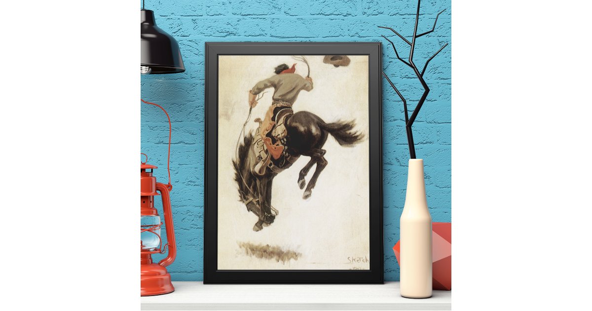 Vintage Cowboy, Bronco Buster Study by NC Wyeth Poster | Zazzle