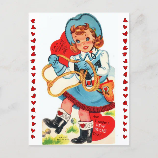 Vintage Cowgirl & Lasso 1950's Valentine Postcard | Zazzle
