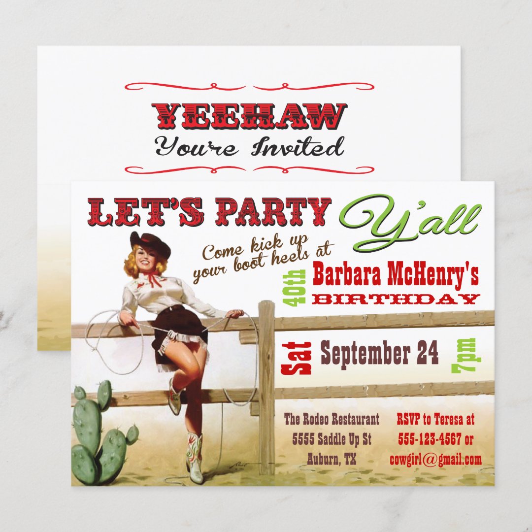 Vintage Cowgirl Pin Up Birthday Party Invitation | Zazzle