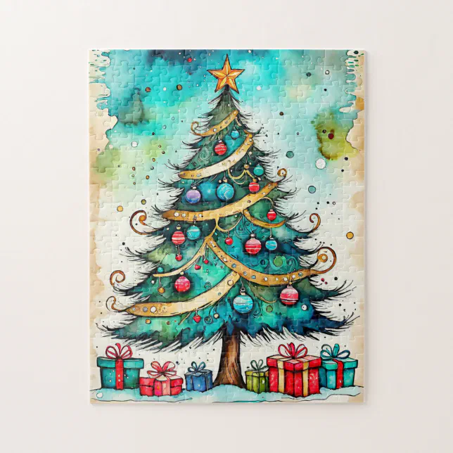 Vintage Creative Christmas Tree Drawing Jigsaw Puzzle | Zazzle