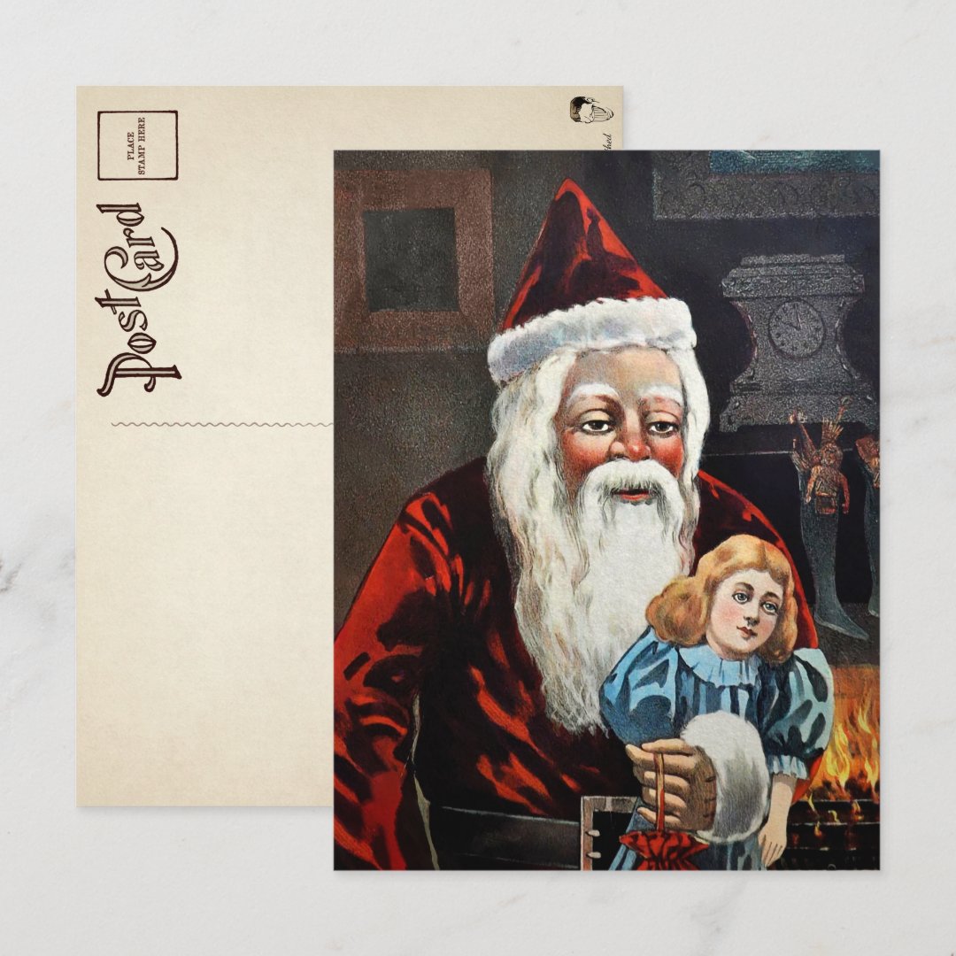 Vintage Creepy Santa and Doll Postcard | Zazzle