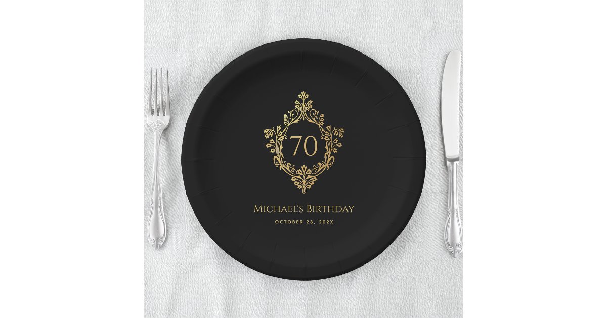 Vintage Crest Black Gold Elegant Man 70th Birthday Paper Plates | Zazzle