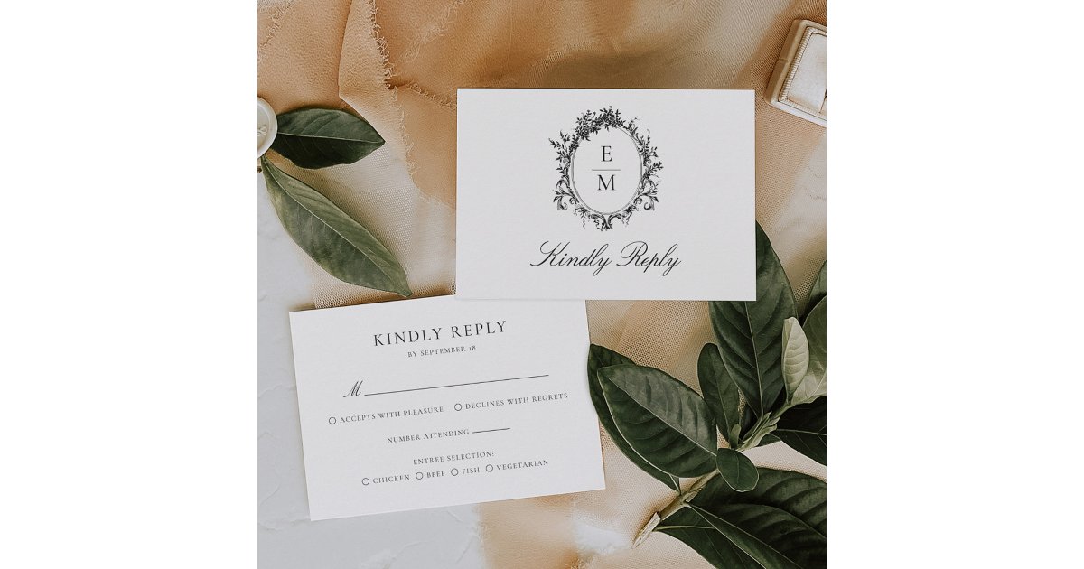 Vintage Crest Monogram Botanical Formal Wedding RSVP Card | Zazzle