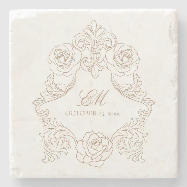Vintage Crest Monogram Golden Brown Wedding Logo Stone Coaster | Zazzle