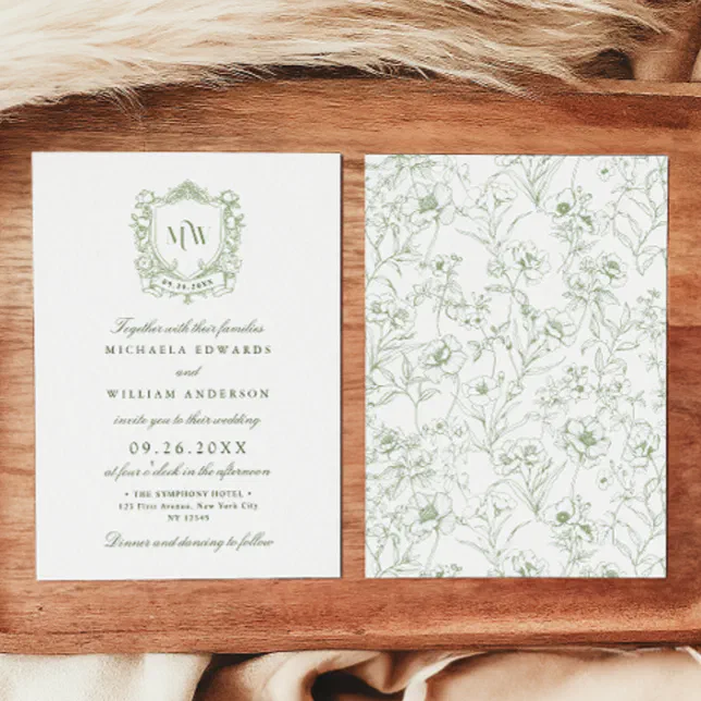 Vintage Crest Monogram Logo Botanical Wedding Invitation | Zazzle