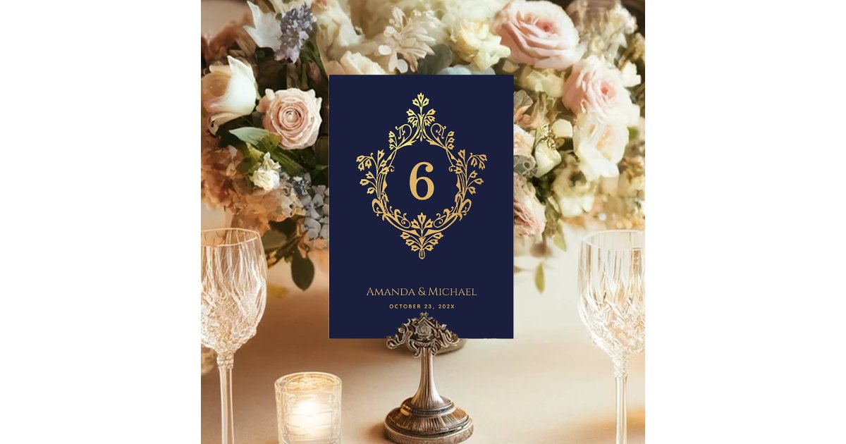 Vintage Crest Navy Blue Faux Gold Elegant Wedding Table Number | Zazzle
