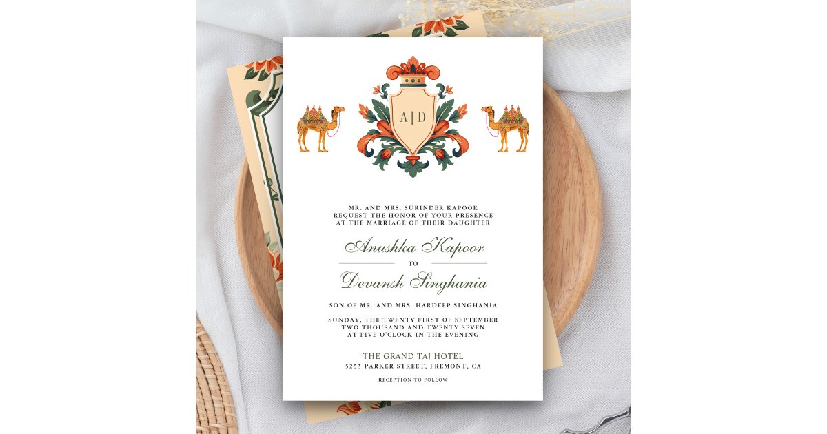 Vintage Crest Royal Camel Indian Hindu Wedding Invitation | Zazzle