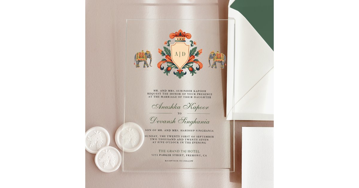 Vintage Crest Royal Elephant Indian Hindu Wedding Acrylic Invitations ...
