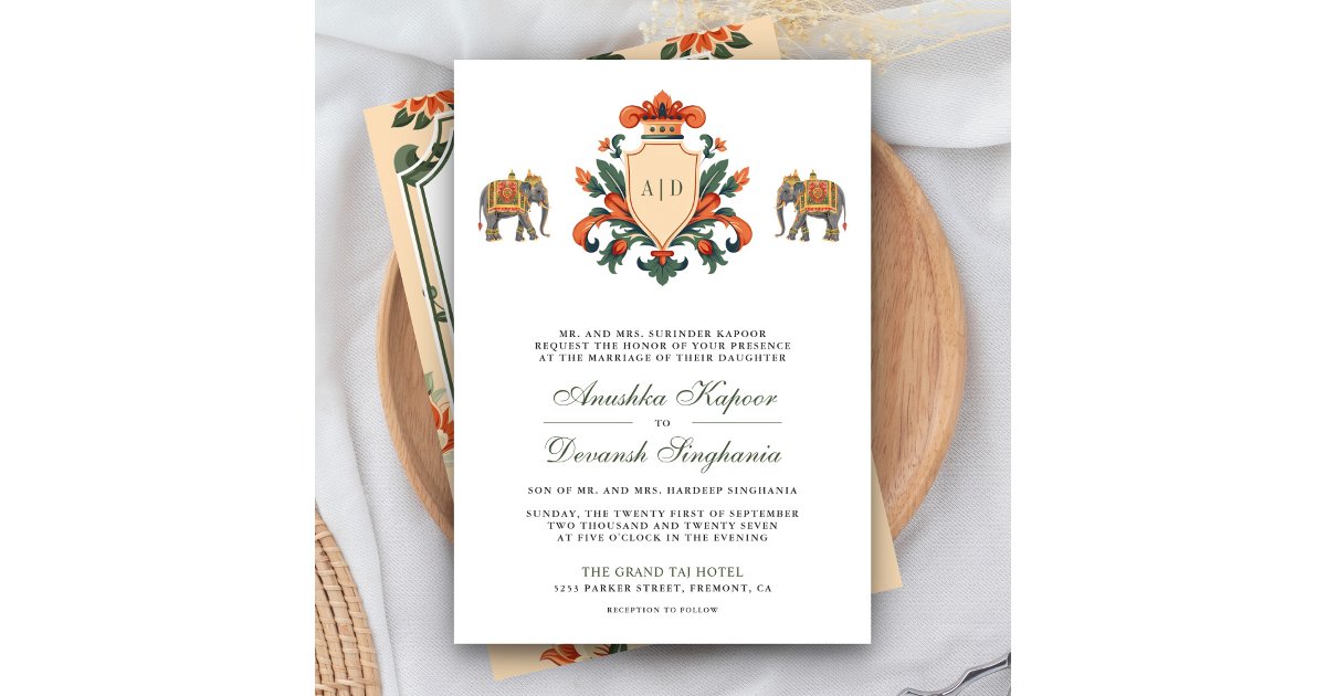 Vintage Crest Royal Elephant Indian Hindu Wedding Invitation | Zazzle