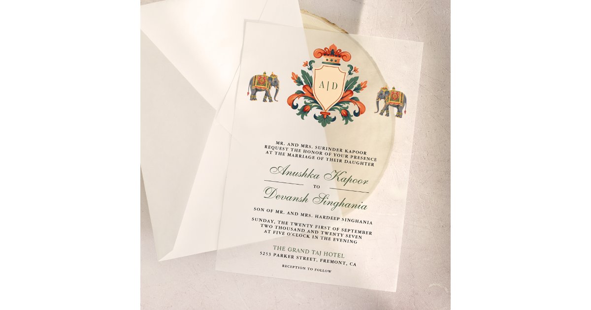 Vintage Crest Royal Elephant Indian Hindu Wedding Vellum Invitations ...