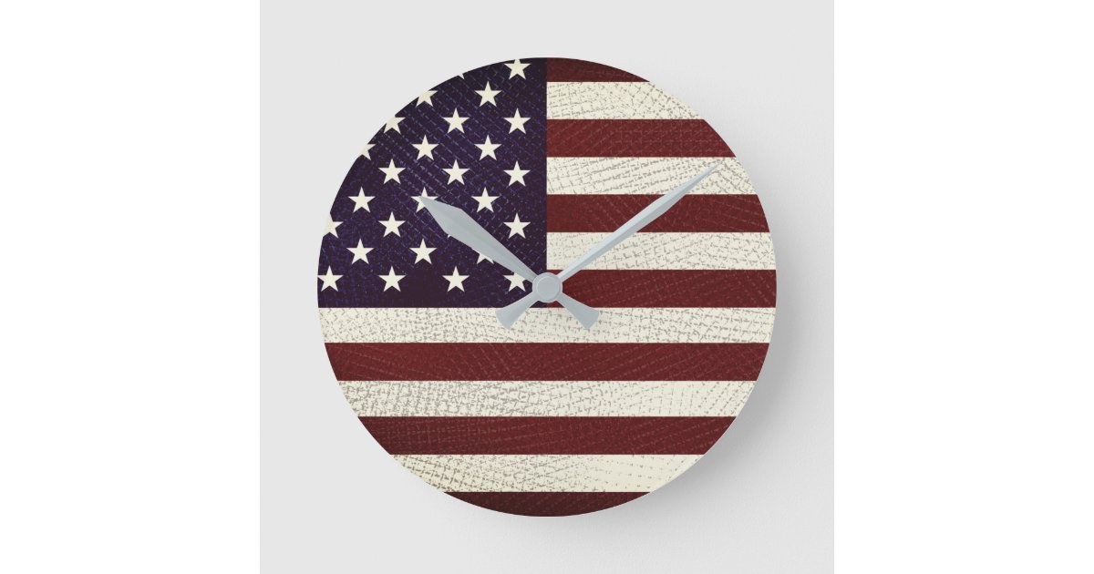 Vintage Crosshatch American Flag Stars and Stripes Round Clock | Zazzle