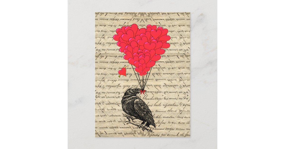 Vintage Crow and heart shaped balloons Postcard | Zazzle