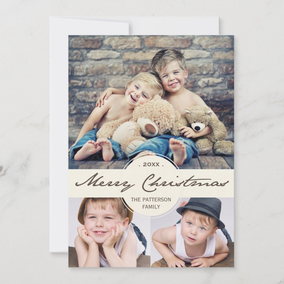 Vintage Cursive Merry Christmas Photo Collage Holiday Card | Zazzle