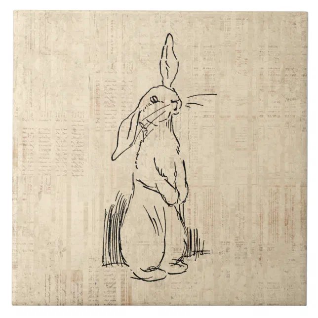 Vintage Cute Bunny Rabbit Art Script Background Ceramic Tile | Zazzle