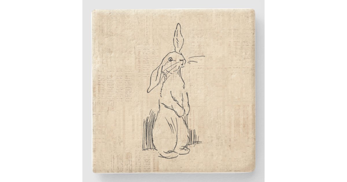Vintage Cute Bunny Rabbit Art Script Background Stone Coaster | Zazzle