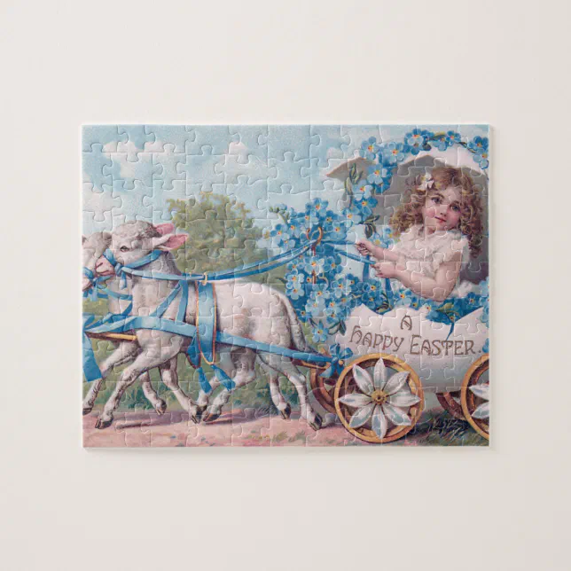 Vintage Cute Girl in Easter Egg Carriage by Lambs Jigsaw Puzzle | Zazzle