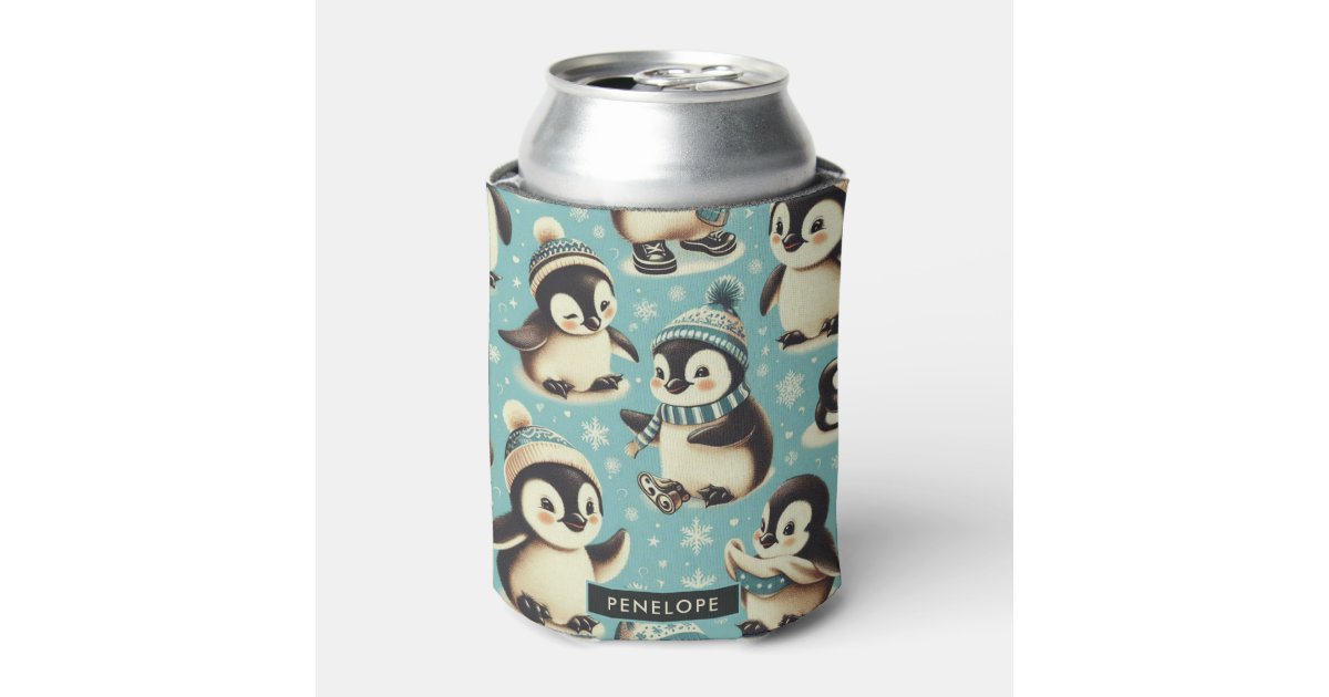 Vintage Cute Penguin Pattern Can Cooler | Zazzle