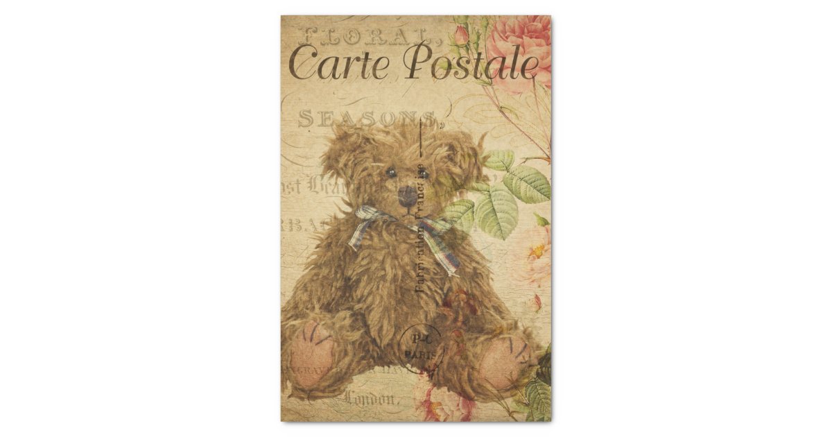 Vintage Cute Teddy Bear Toy Floral Floral French Tissue Paper | Zazzle