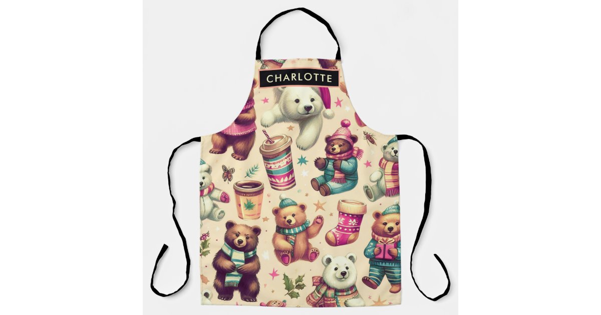 Vintage Cute Winter Teddy Bear Pattern Apron | Zazzle