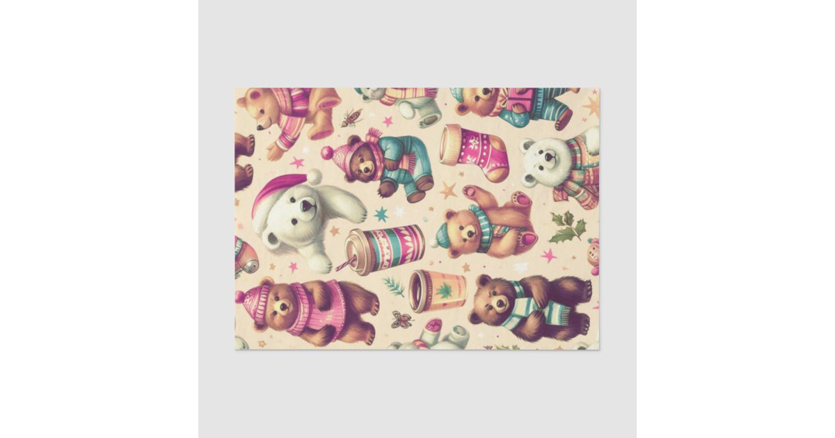 Vintage Cute Winter Teddy Bear Pattern Tissue Paper | Zazzle