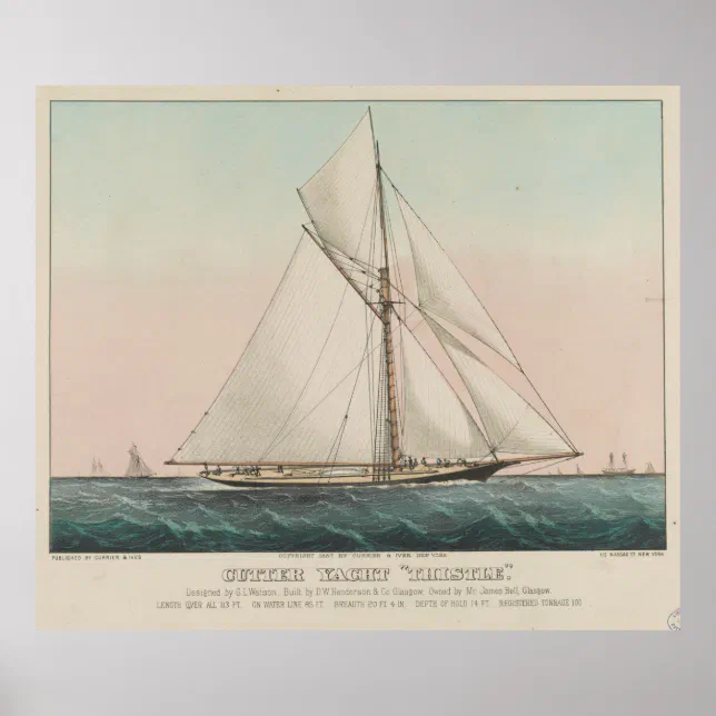 Vintage Cutter Sailing Yacht Illustration (1887) Poster | Zazzle