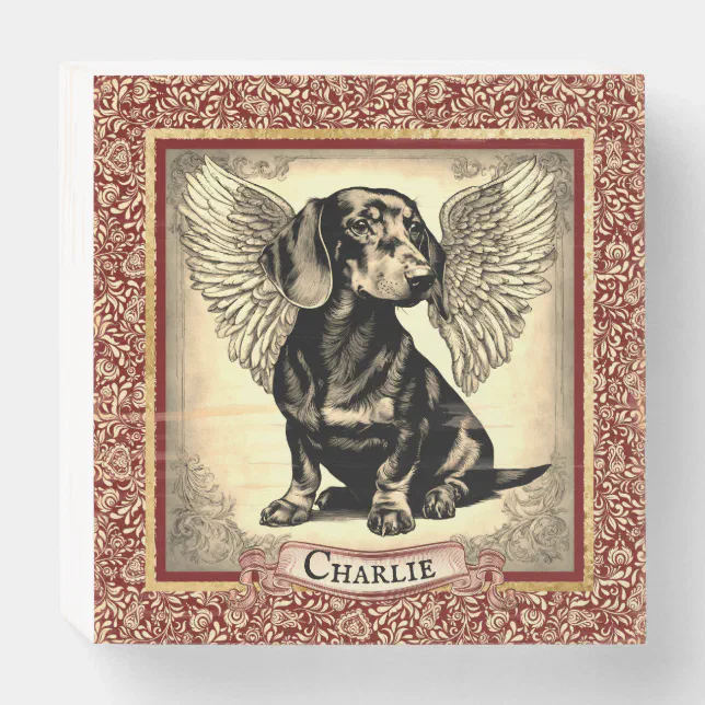 Vintage Dachshund Angel Customized Wooden Box Sign | Zazzle