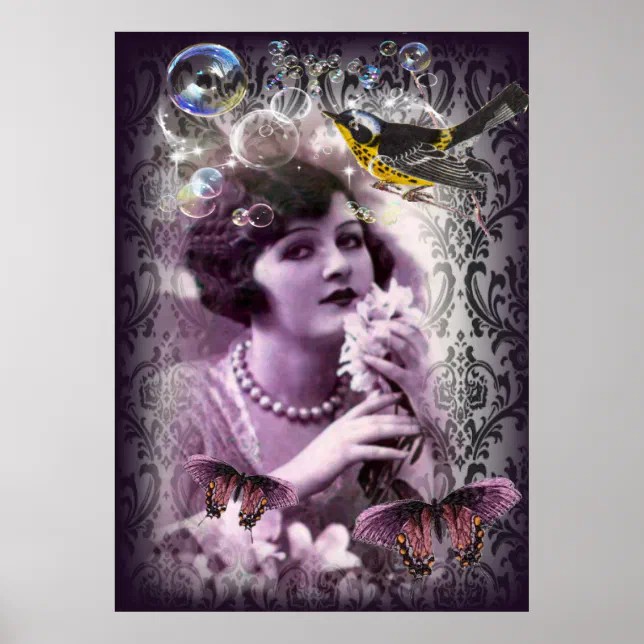Vintage damask 1920s Paris Lady Flapper Girl Poster | Zazzle