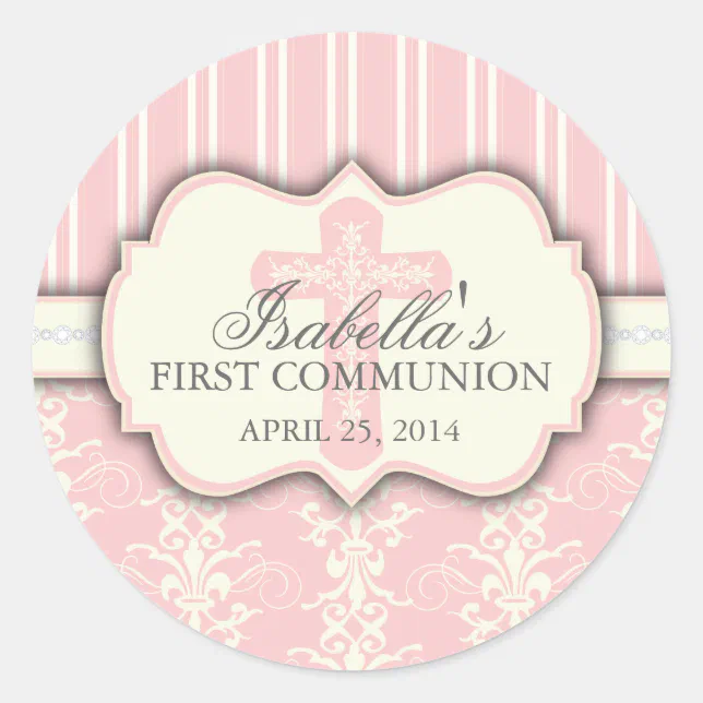 Vintage Damask First Communion Sticker | Zazzle