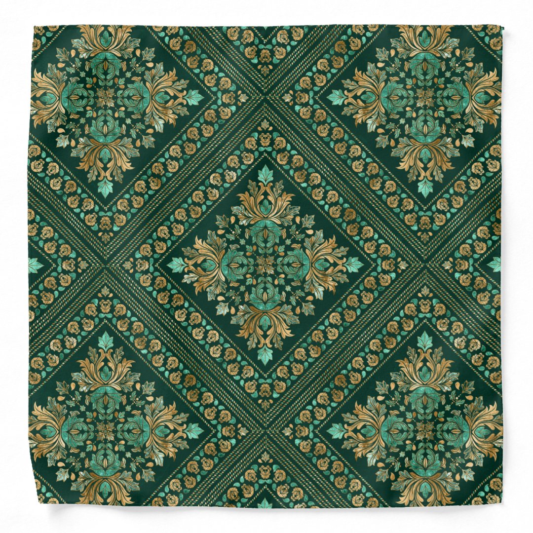 Vintage Damask Pattern - Emerald green and gold Bandana | Zazzle