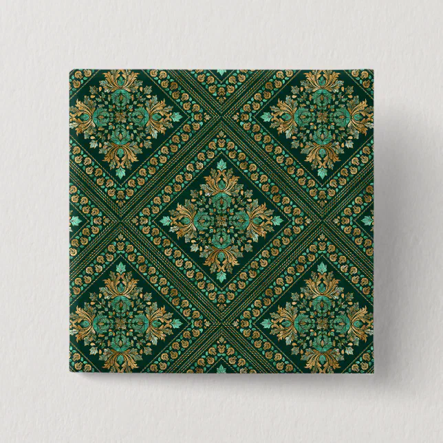 Vintage Damask Pattern - Emerald green and gold Button | Zazzle